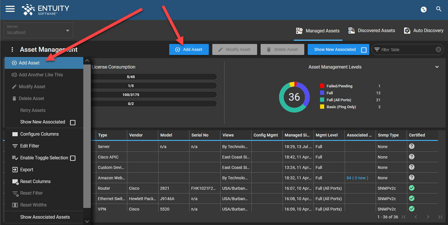 Managed Assets (including adding, modifying, deleting and troubleshooting assets) – Entuity