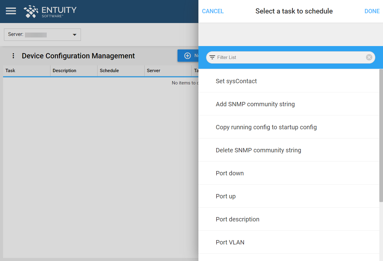 How do I schedule or manually run a configuration task? – Entuity