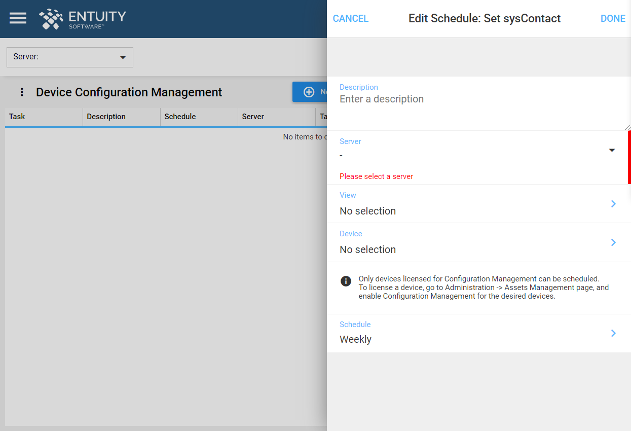 How do I schedule or manually run a configuration task? – Entuity