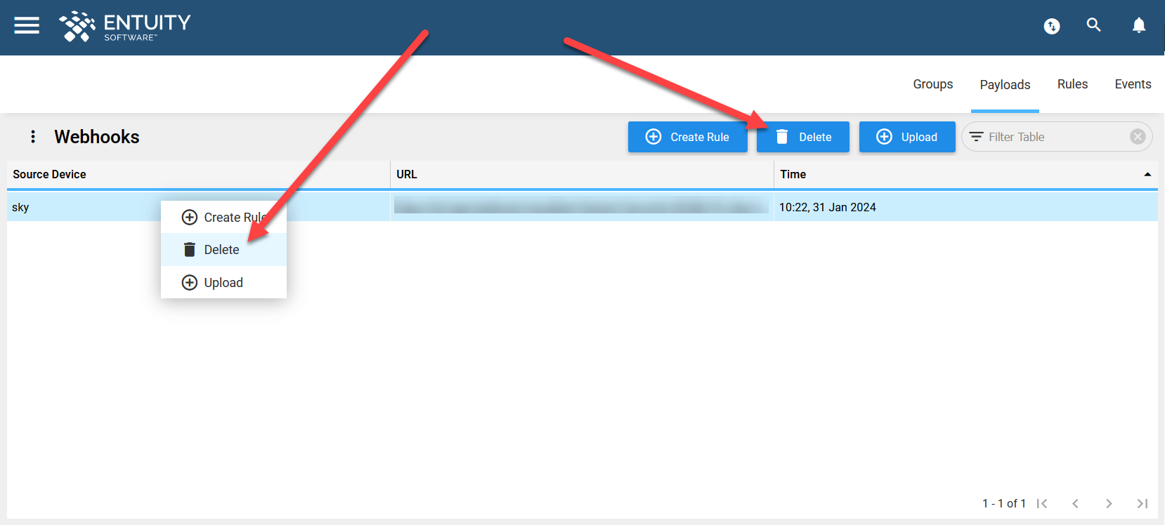 How do I upload or delete a webhook payload? – Entuity