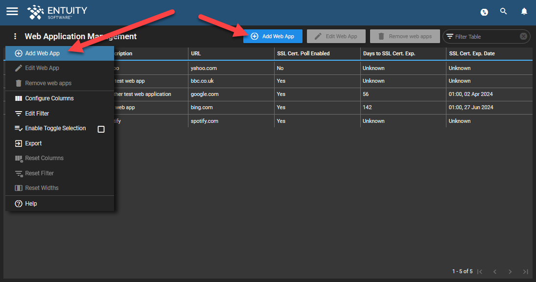 How do I view, add, edit or remove web apps? – Entuity