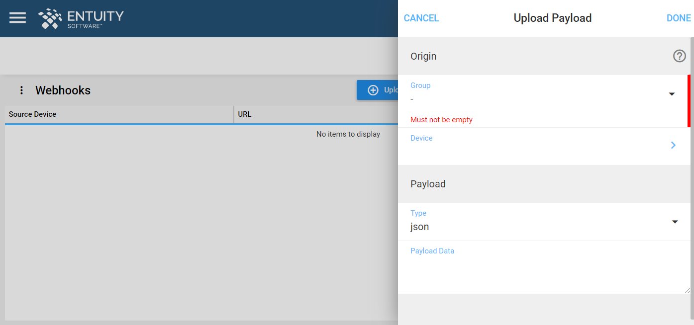 How do I upload or delete a webhook payload? – Entuity