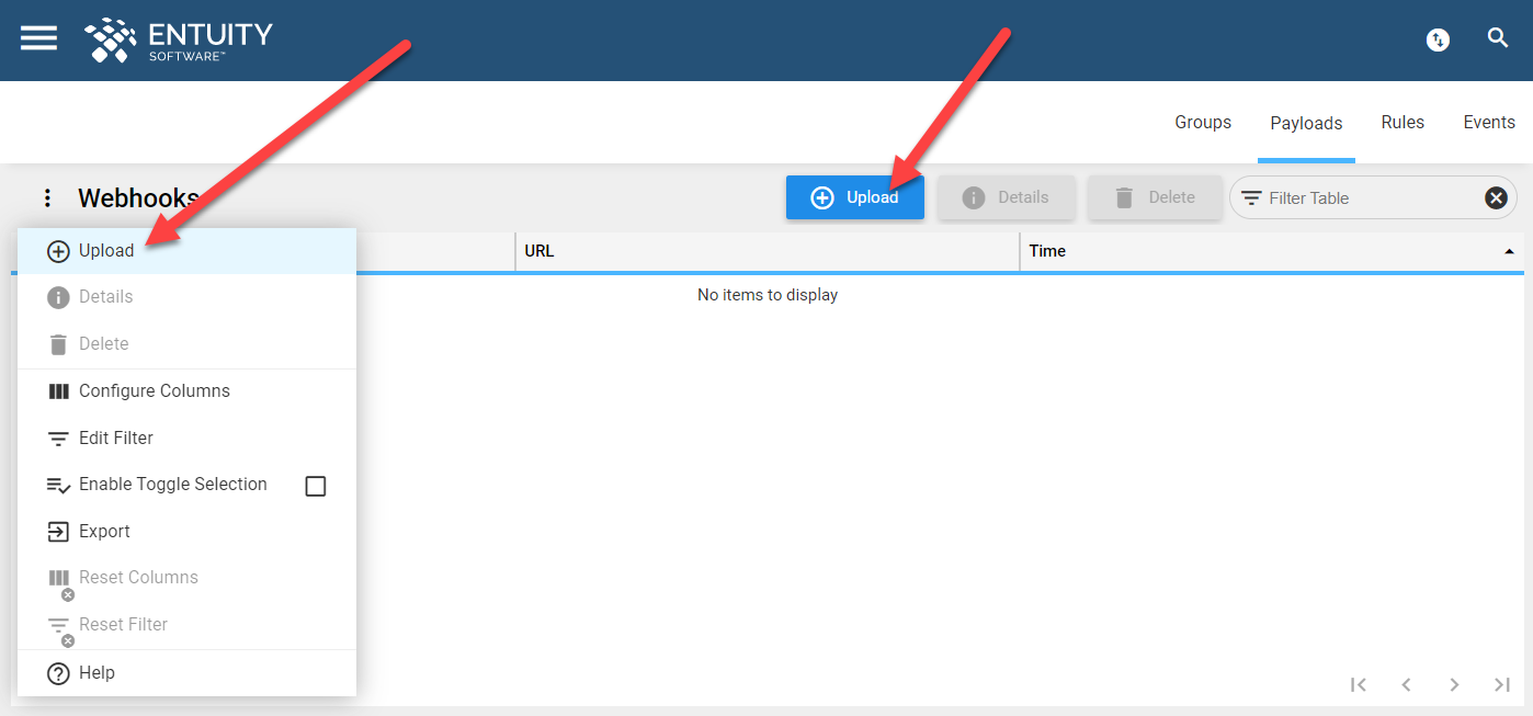 How do I upload or delete a webhook payload? – Entuity