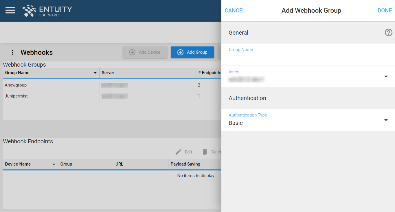 How do I create, edit or delete a webhook group? – Entuity
