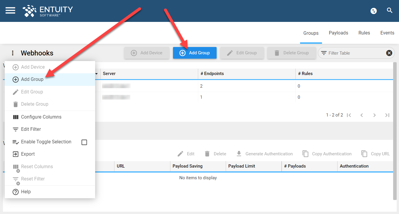 How do I create, edit or delete a webhook group? – Entuity