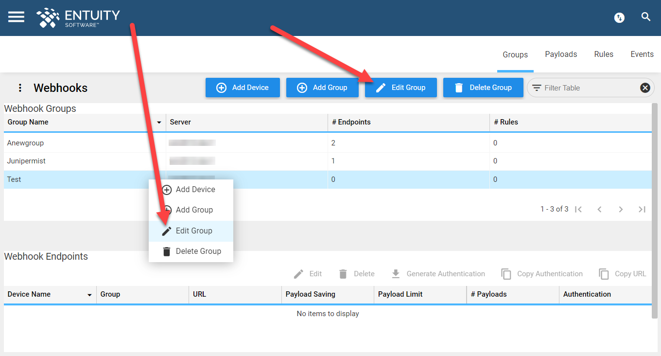 How do I create, edit or delete a webhook group? – Entuity